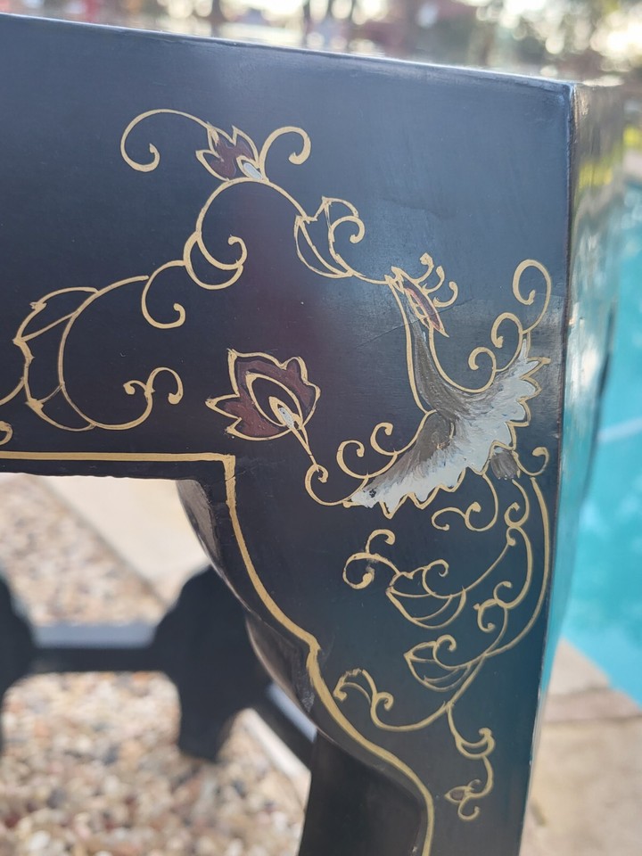 Vtg Chinoiserie Black Lacquer MOP Shell Inlay Oriental Drum Stool ...