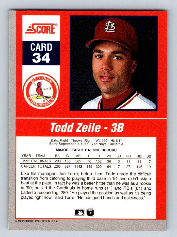Todd Zeile 1992 Score 90's Impact Players #34 St. Louis Cardinals | eBay