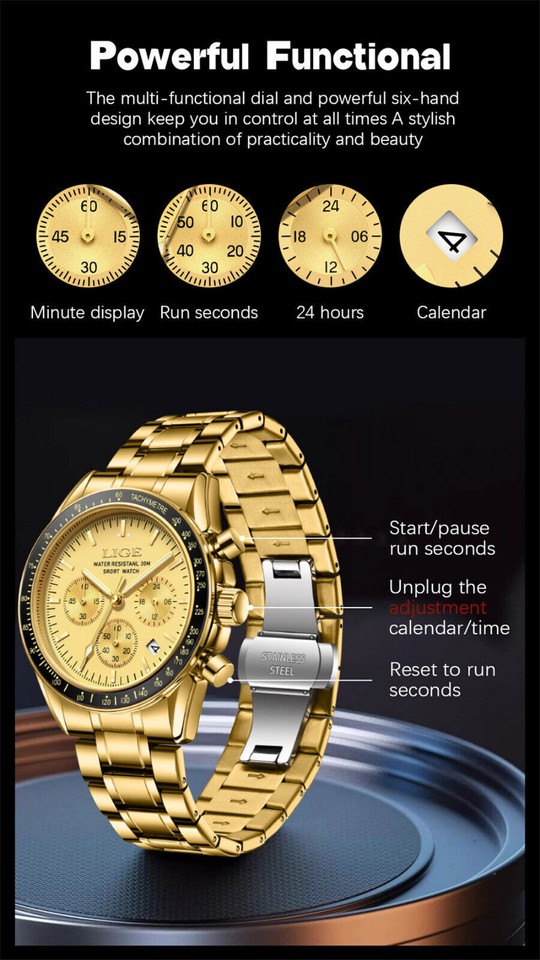 LIGE Men Quartz Analog Watch Chronograph Silver Steel Wristwatch Male ...