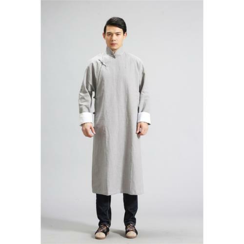 Men's Chinese Traditional Long Gown Jacket Kung Fu Vintage Style Linen ...