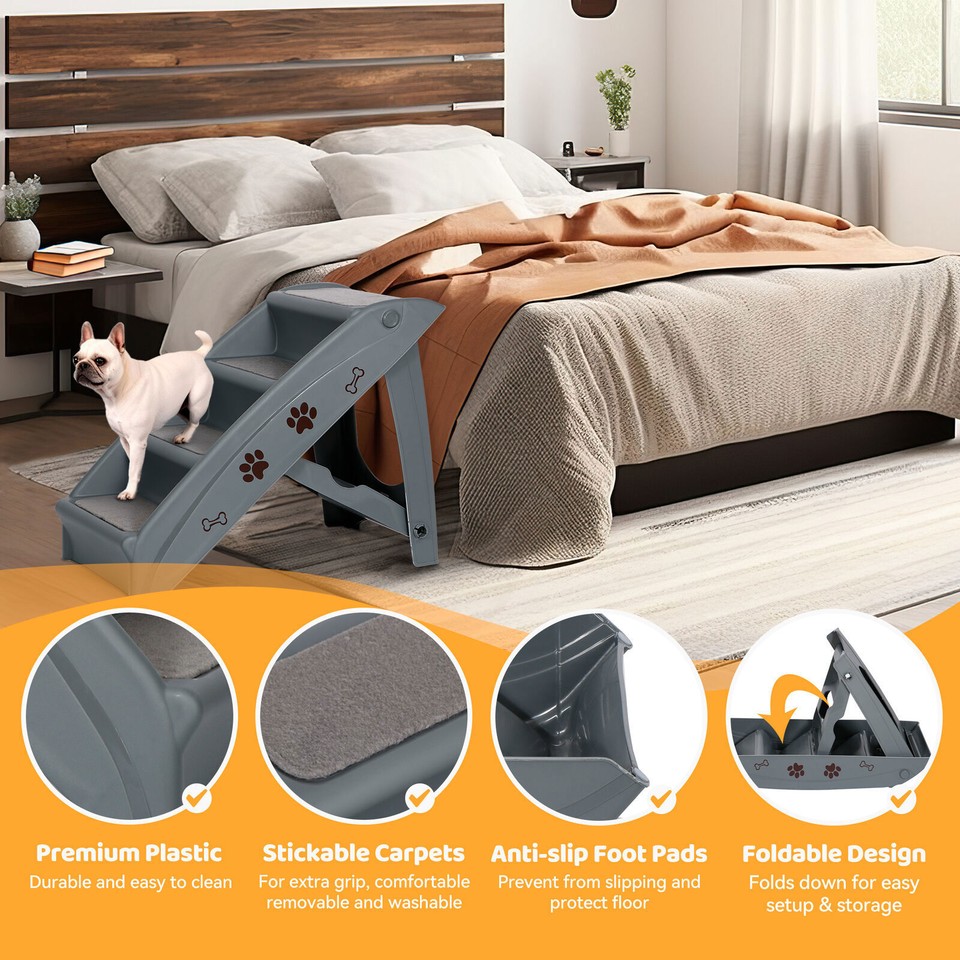 Pet Stairs Foldable 4-Step Dog Steps for High Bed Non-slip Ladder Ramp ...