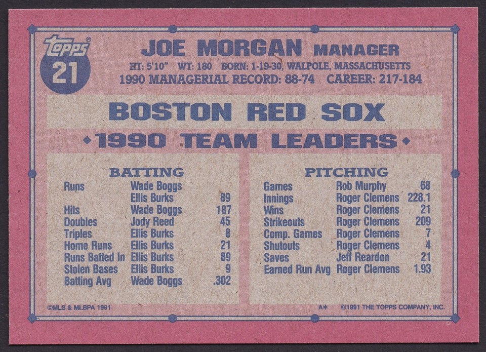 1991 Topps Baseball HOF Boston Red Sox #21 Joe Morgan | eBay