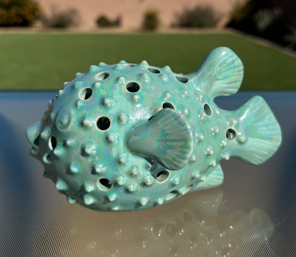 PUFFER FISH LIFE LIKE CERAMIC SCULPTURED FIGURINE NAUTICAL SEASIDE ...