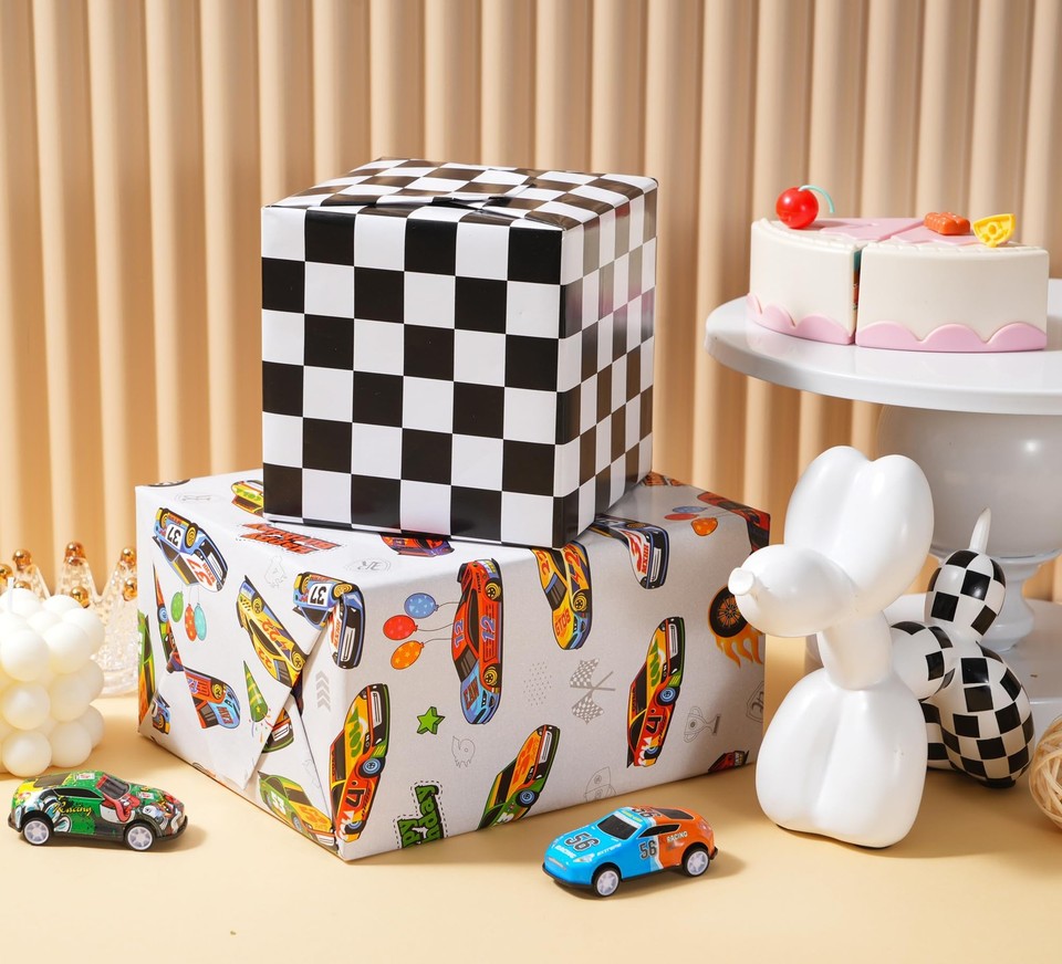Race Car Reversible Wrapping Paper Roll - Gift Wrap with Black & White ...