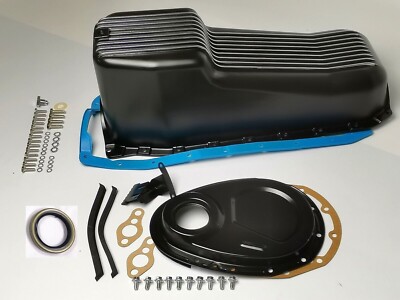 86-UP SBC Small Black Chevy 350 Finned Black Aluminum Oil Pan & Timing ...