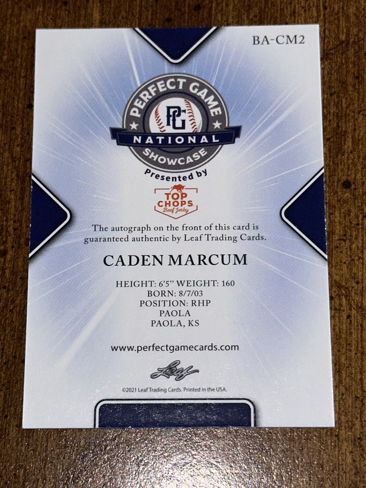 CADEN MARCUM 2021 Leaf Perfect Game Blue Autograph #5/15 MISSISSIPPI ST ...