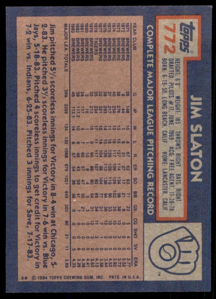 1984 Topps Jim Slaton B Baseball Cards #772 | eBay