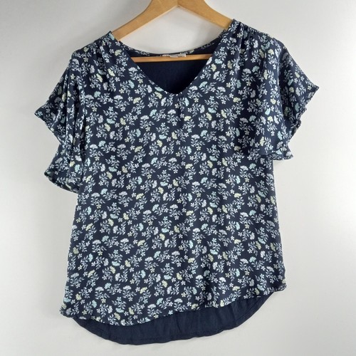 Loft Outlet Top Shirt Women's Size SP Blue White Floral V-Neck Flutter ...