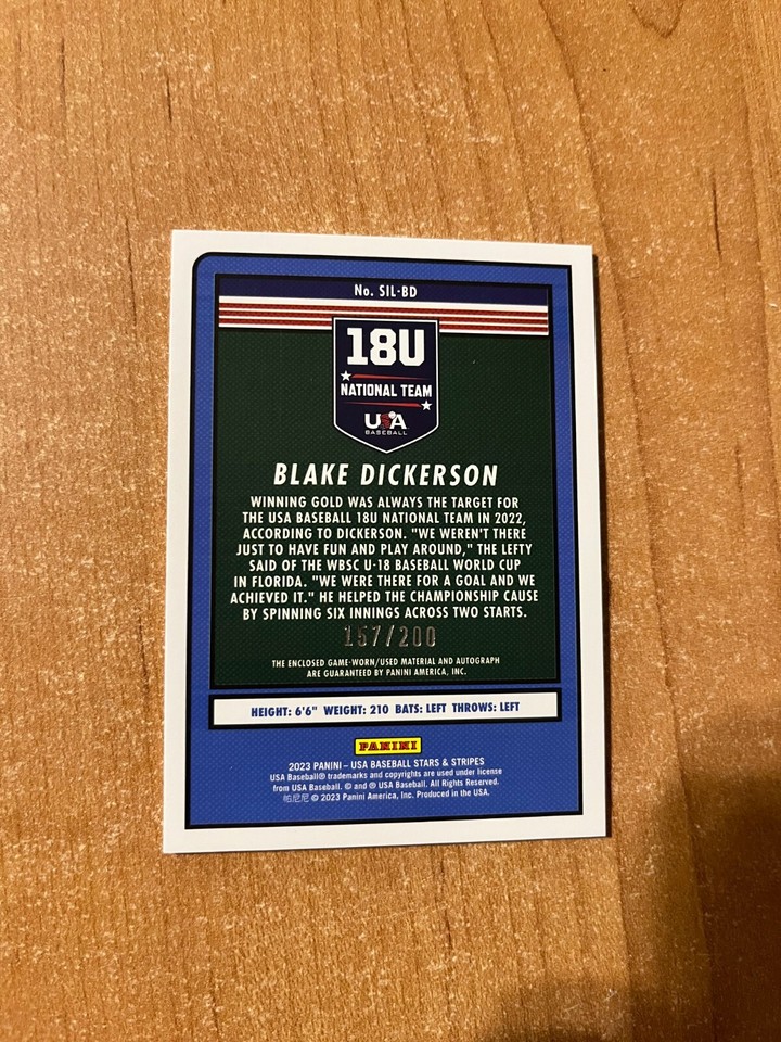 2023 Panini Stars & Stripes - Blake Dickerson - Silhouettes Relic Auto ...