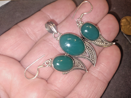 Vintage Sterling Silver 925 Tribal Pendant Earrings Set Green Stones ...