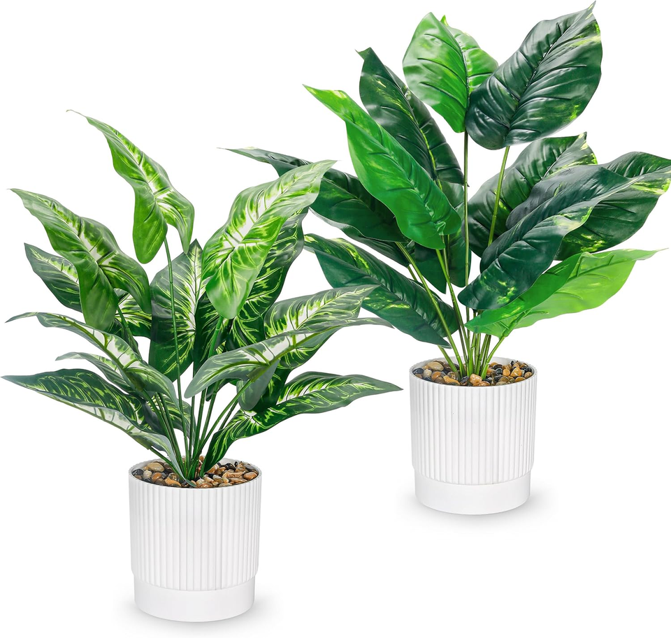2 Pack Fake Plants Artificial Tropical Plants Indoor in White Pot for ...