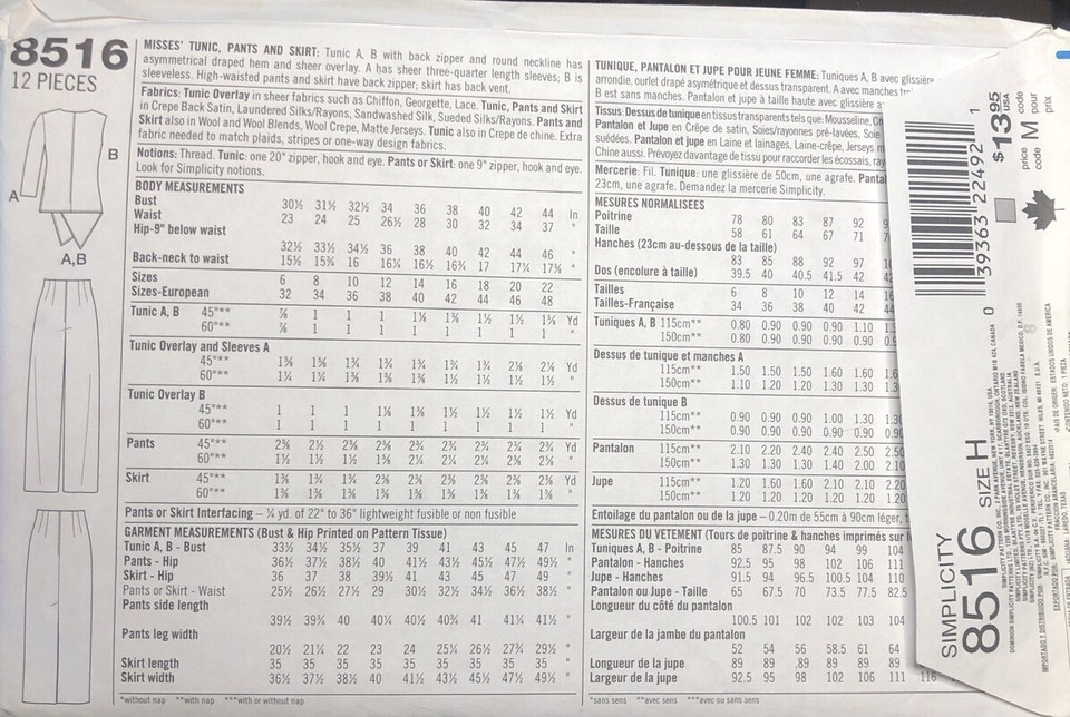 Simplicity Sewing Pattern 8516 Size 6,8,10 Womens Pant Skirt Top Uncut ...