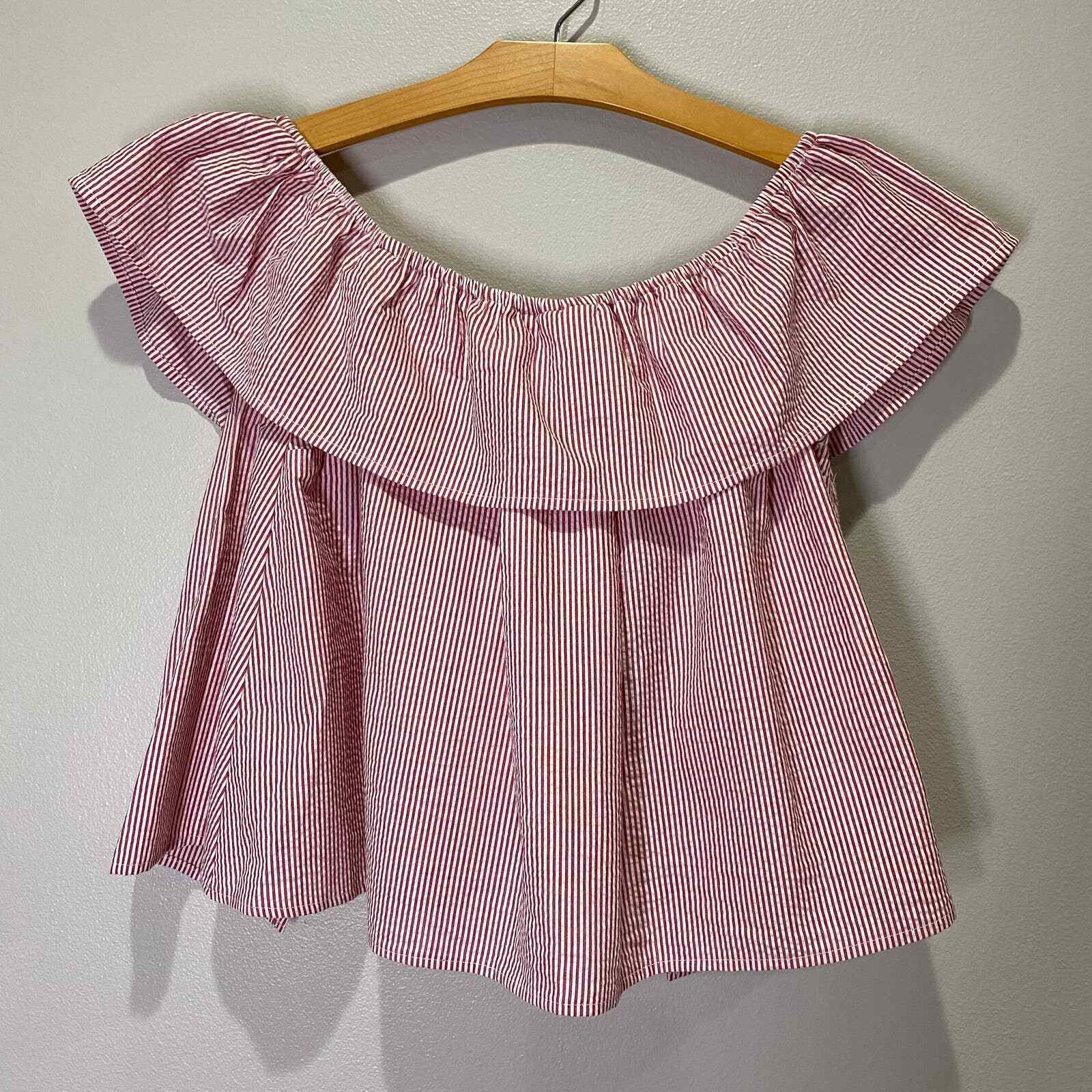 Lauren James Red White Seersucker Striped Ruffle Open… - Gem