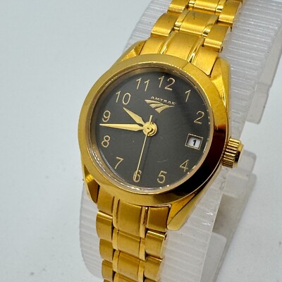 Amtrak Quartz Watch Women 30m Gold Tone Brown Steel Date Analog New ...