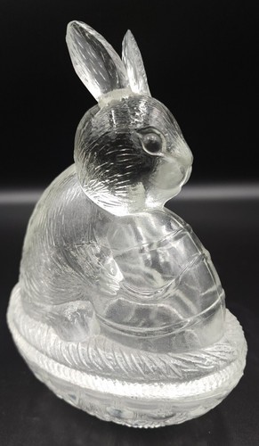 VTG Clear Glass Bunny Rabbit Nut on Nest Covered Trinket Oval Candy ...