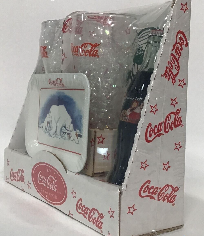 Vintage Coca Cola Gift Set 2 Glasses & 2 Coke Bottles w Metal Tray 1997 ...