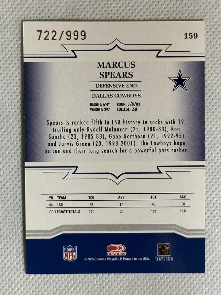 2005 Donruss Throwback Threads Marcus Spears #/999 Rookie Foil #159 ...