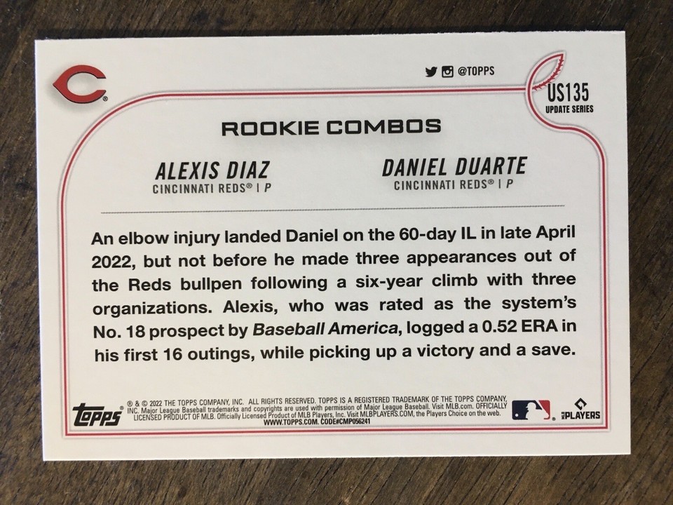 2022 Topps Update #US135 REDS Closer ALEXIS DIAZ/DUARTE ROOKIE Card K72 ...