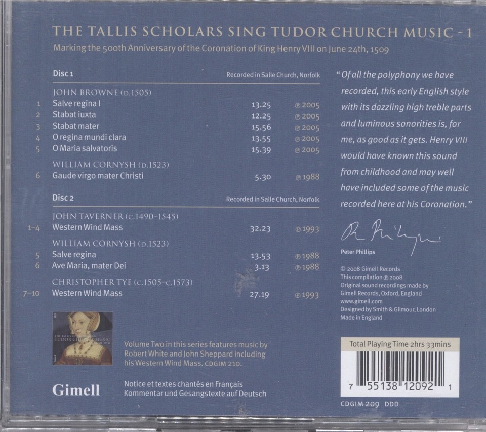 Tallis Scholars & Peter Phillips - Tudor Church Music Vol 1 2CD WD017 ...