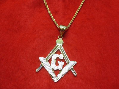 14 KT GOLD EP FREEMASON MASON 2 1/2"x 1 1/2" CHARM W/ 16"-30' 3MM ROPE ...