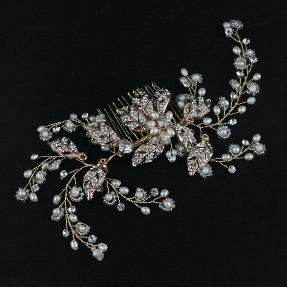 FAYBOX Vintage Gold Twig Crystal Pearl Side Combs Bridal Headpiece ...