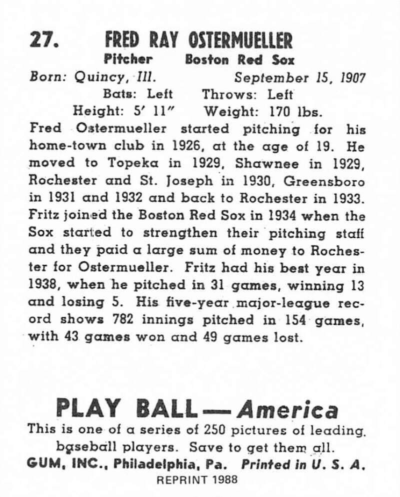 1988 1939 Play Ball Reprints #27 Fritz Ostermueller NM-MT Red Sox | eBay