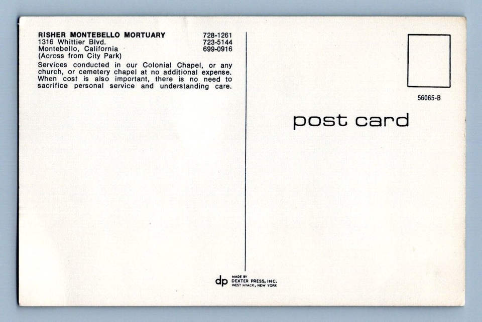 1960'S. RISHER MONTEBELLO MORTUARY. MONTEBELLO, CALIF. POSTCARD. HH16 ...