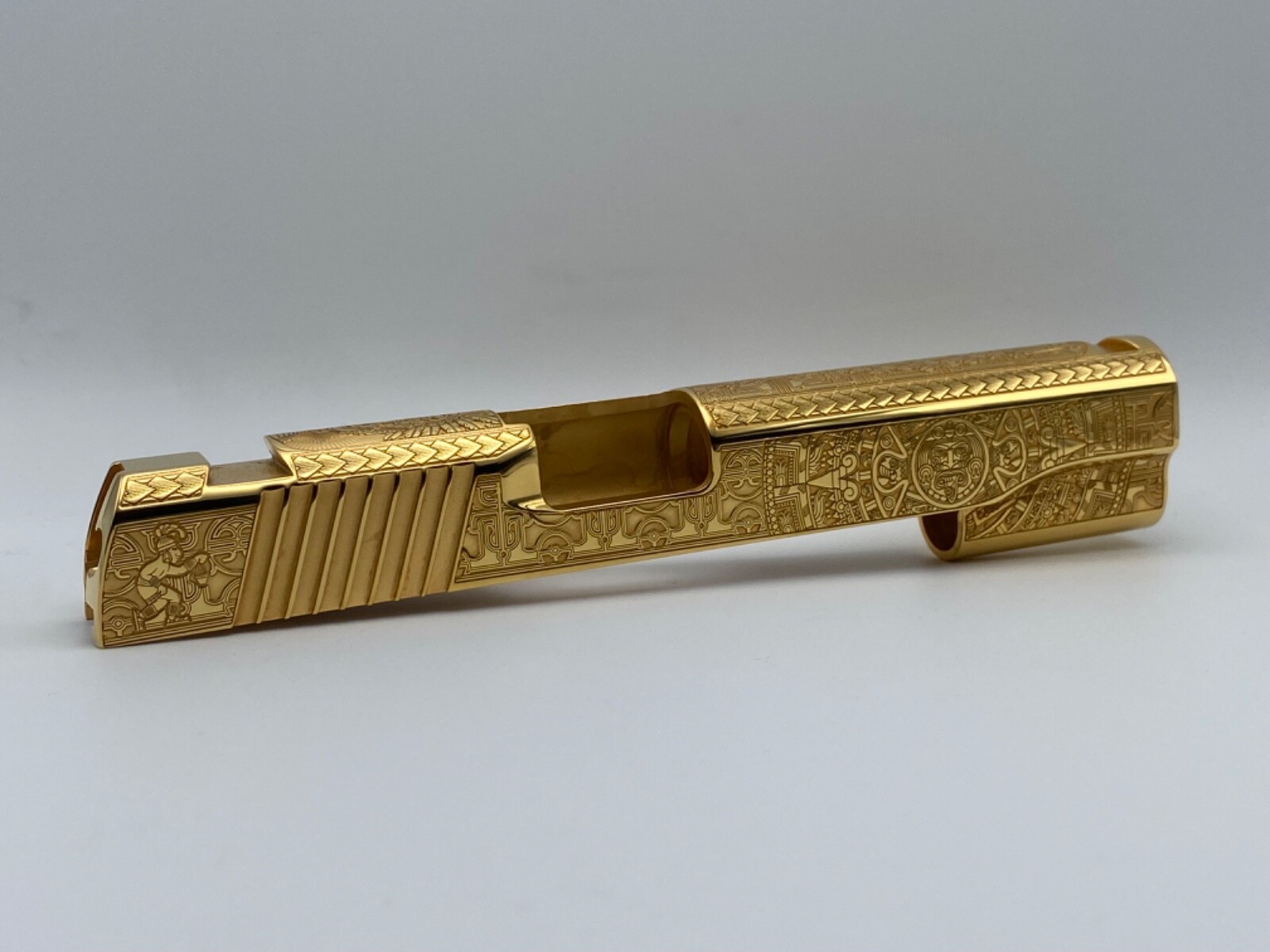 Deep laser engraved 1911 government slide 24k gold plated Aztec ...