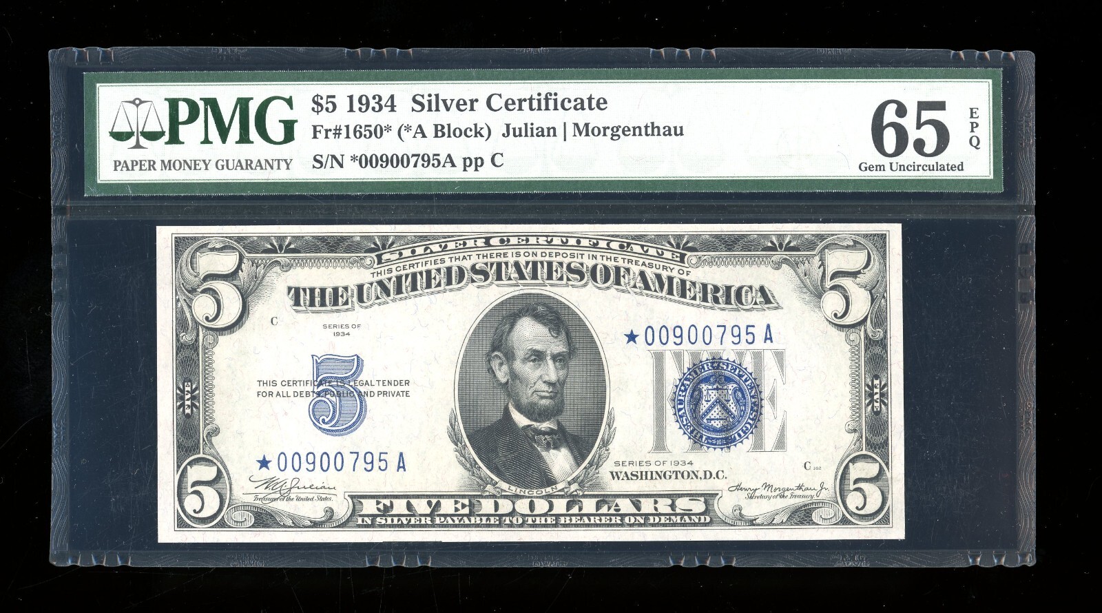 DBR 1934 $5 Silver STAR Gem Fr. 1650* PMG 65 EPQ Serial *00900795A | eBay