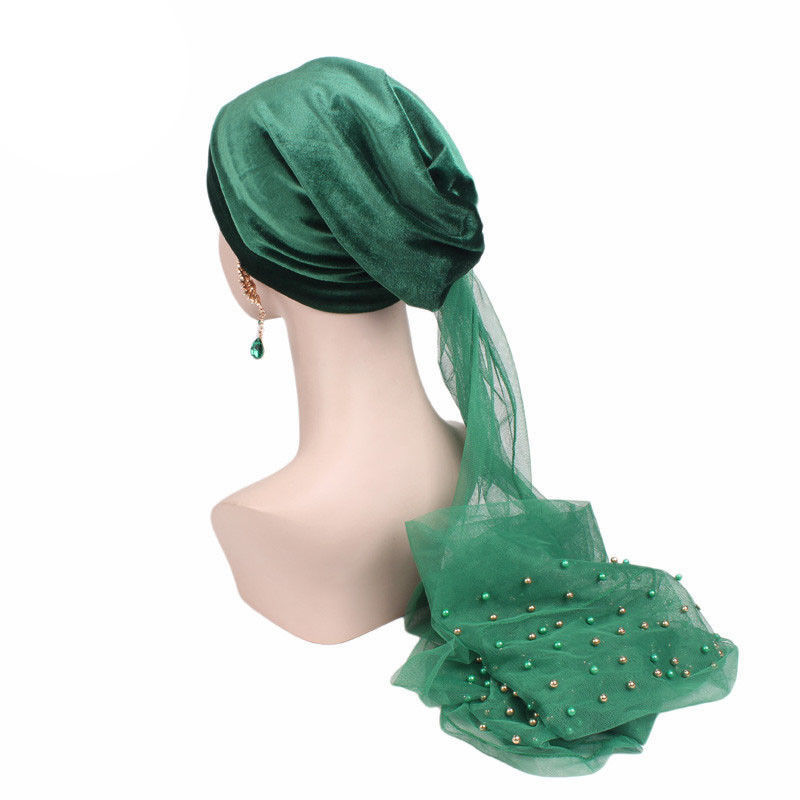 Luxury Women Gold Beaded Mesh Head Wrap Velvet India Turban Hijab Long ...