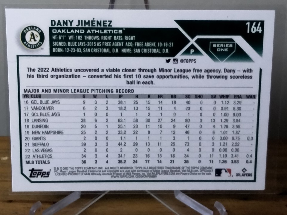 DANY JIMENEZ 2023 Topps Series One Baseball #164 Oakland Athletics ...