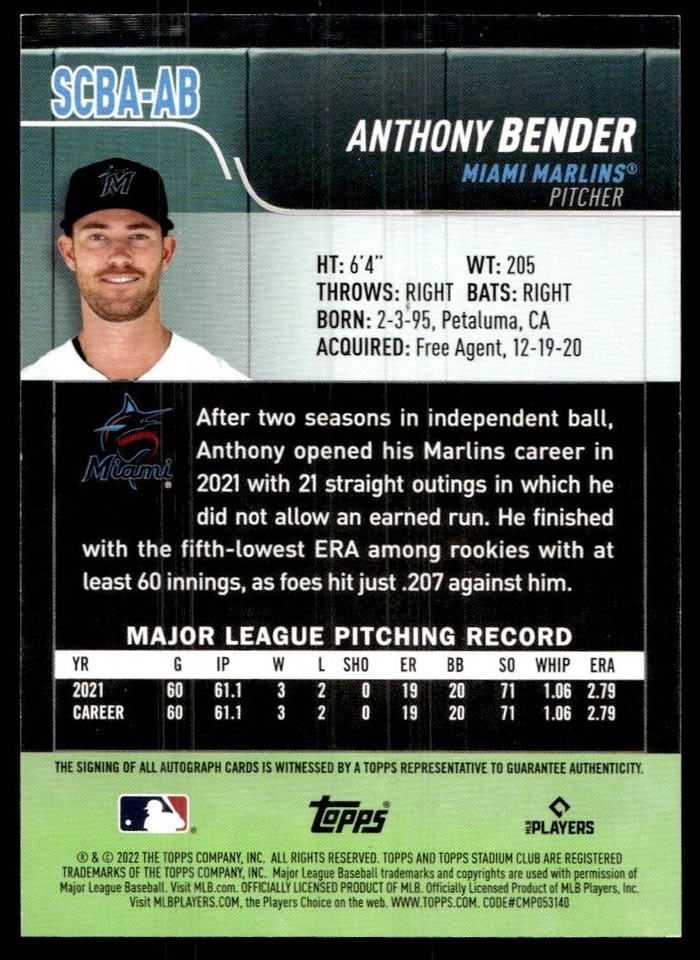 2022 Topps Stadium Club Autograph Anthony Bender Rookie G5 Miami ...