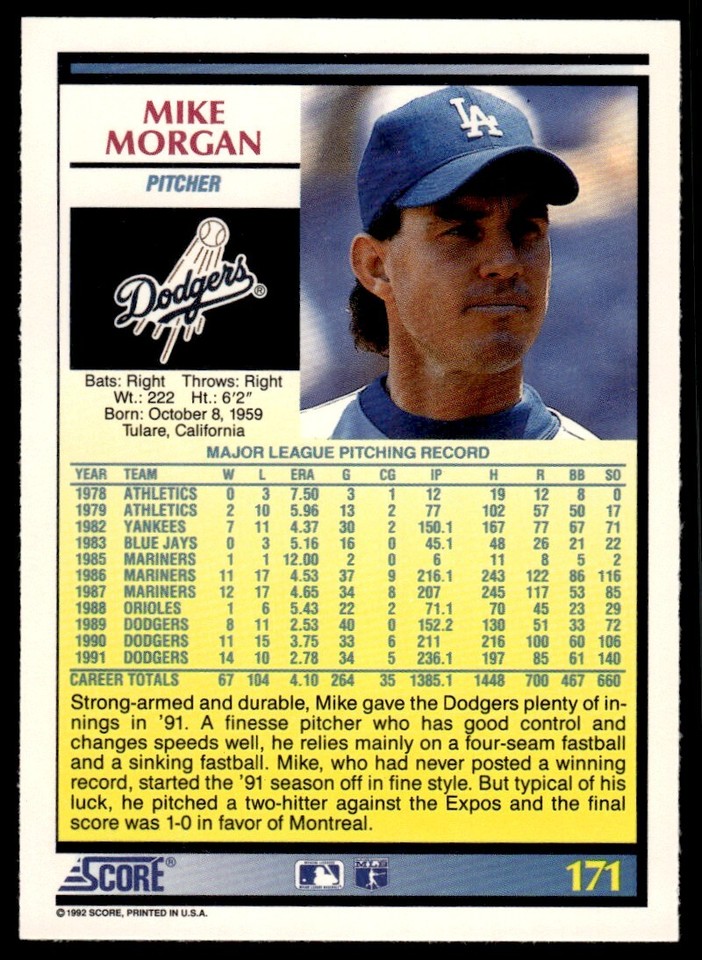 1992 Score Baseball Card Mike Morgan Los Angeles Dodgers #171 | eBay