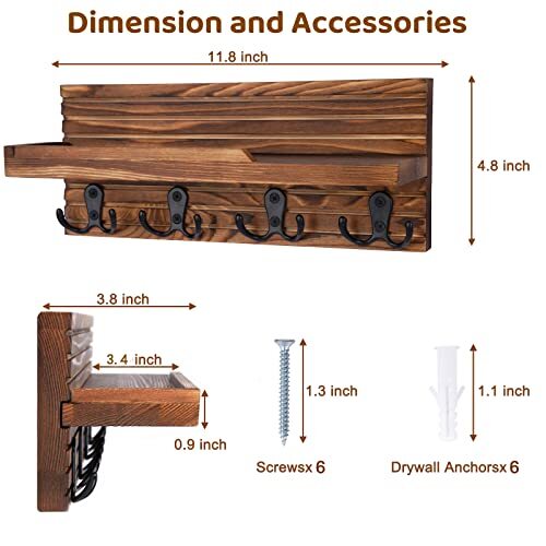 Decorative Key Hanging Rack with 4 Double Hooks – Easy Install Natural ...