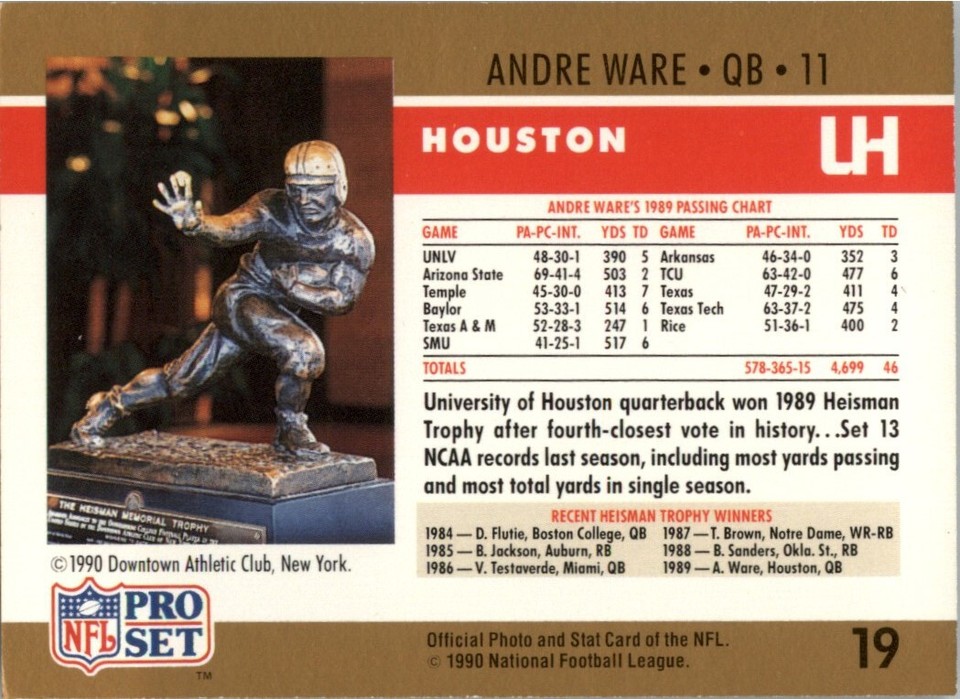 1990 Pro Set #19 Andre Ware RC Rookie Card Detroit Lions / Houston ...