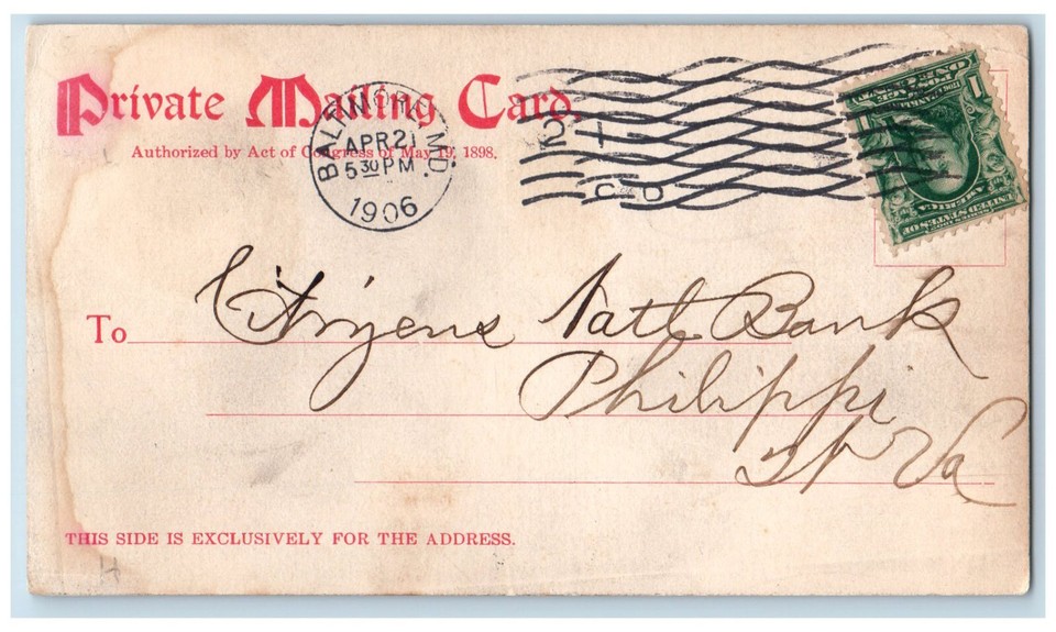 Baltimore Maryland MD Postal Card Merchants National Bank 1906 PMC ...