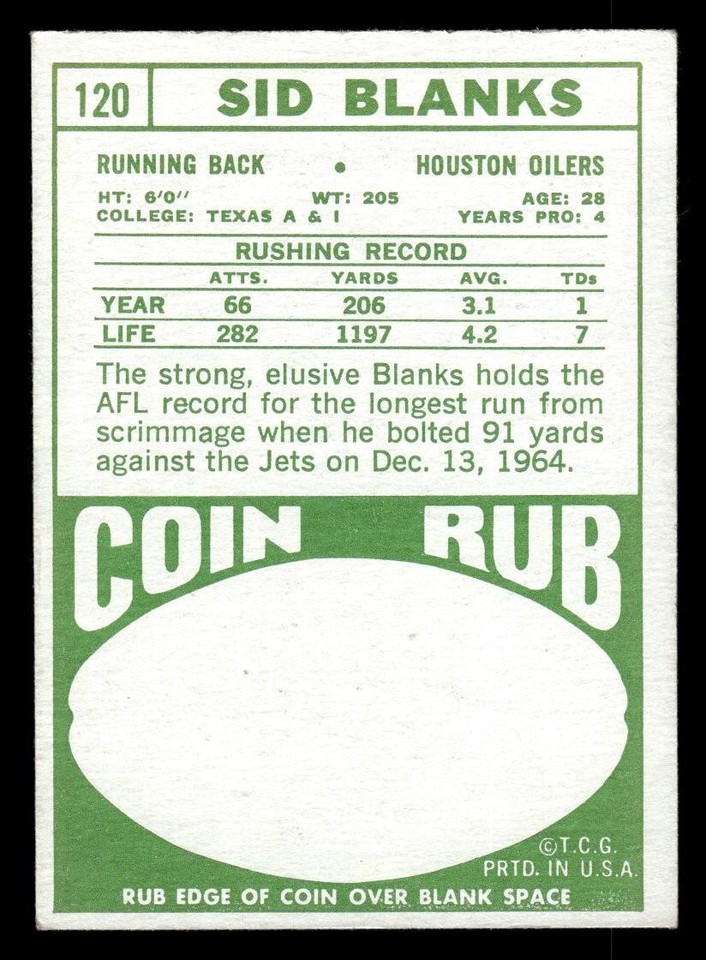 1968 TOPPS SID BLANKS 120 EX FOOTBALL HOUSTON OILERS | eBay