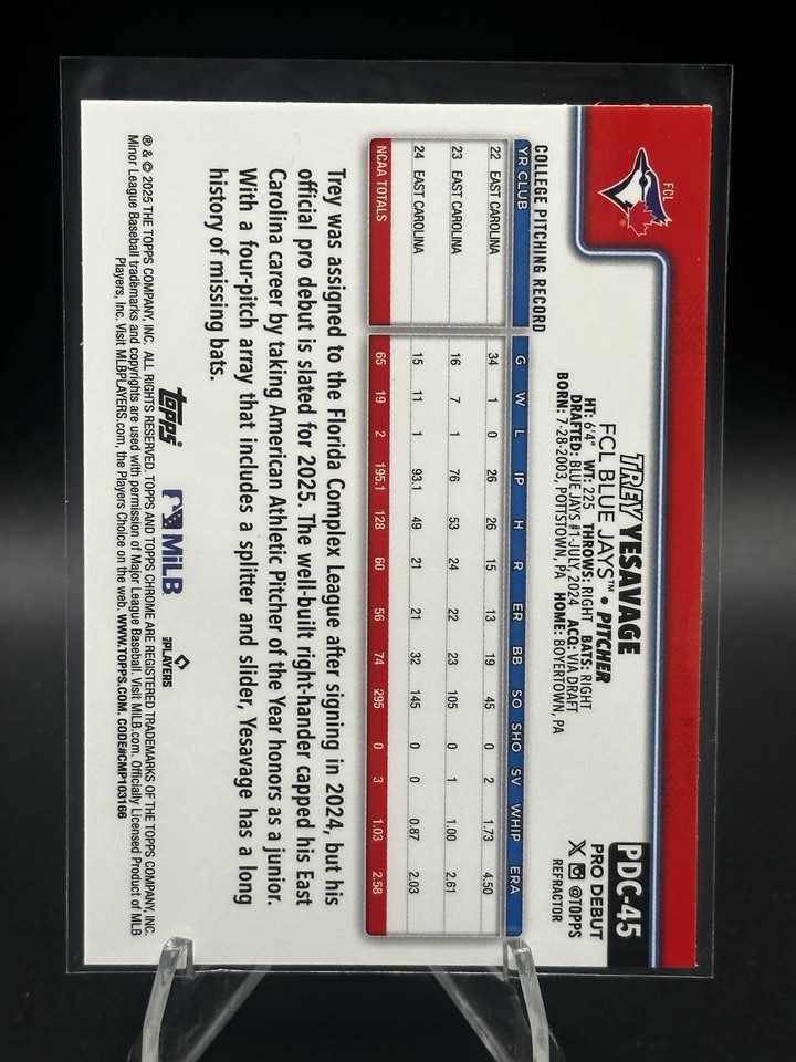 2025 Topps Pro Debut Trey Yesavage #PD-45 Chrome Refractor /199 CLEAN ...