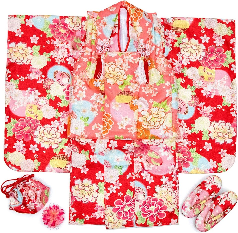 Full Kimono Set Girls Ceremony Celebration 3 years New Years Red Flower ...