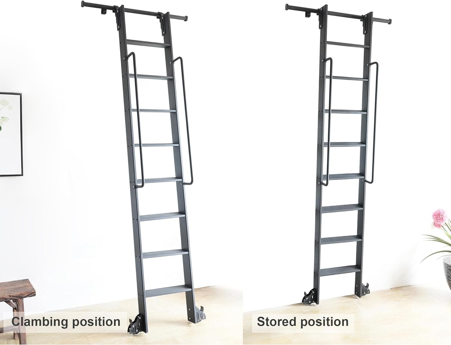 Hook On Rolling Library Ladder Track Kit with Metal Ladder with Grab ...