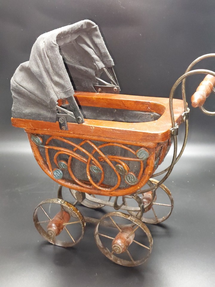 Vintage Wood Metal Canvas Wicker Victorian Style Doll Stroller Pram ...