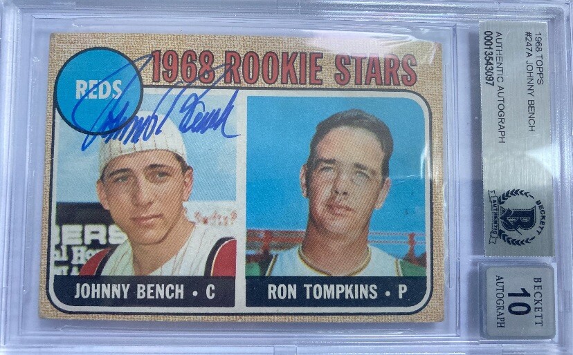 JOHNNY BENCH Signed 1968 Topps Rookie Card BAS 10 Autograph Grade ...