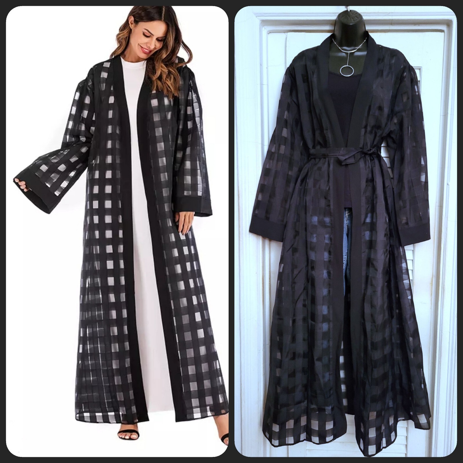 Elegant Black Organza Plaid Perspective Design Maxi Loose Duster M | eBay