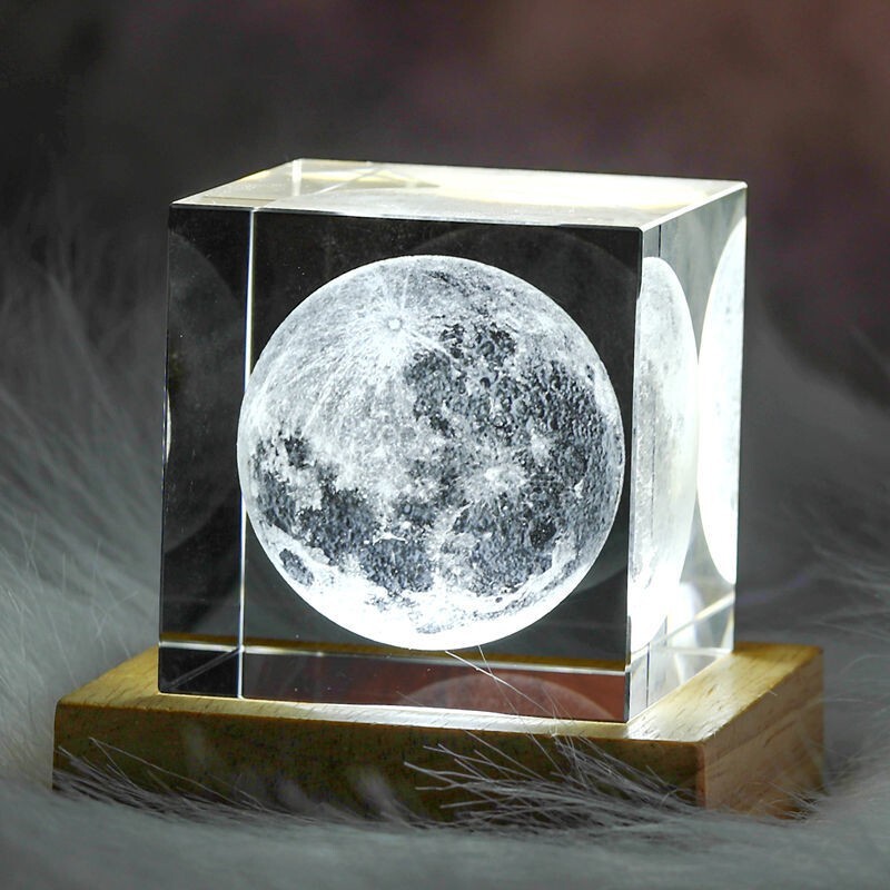 3D Moon Laser Etched Crystal Glass Cube LED Night Light Room Decor Creative Gift