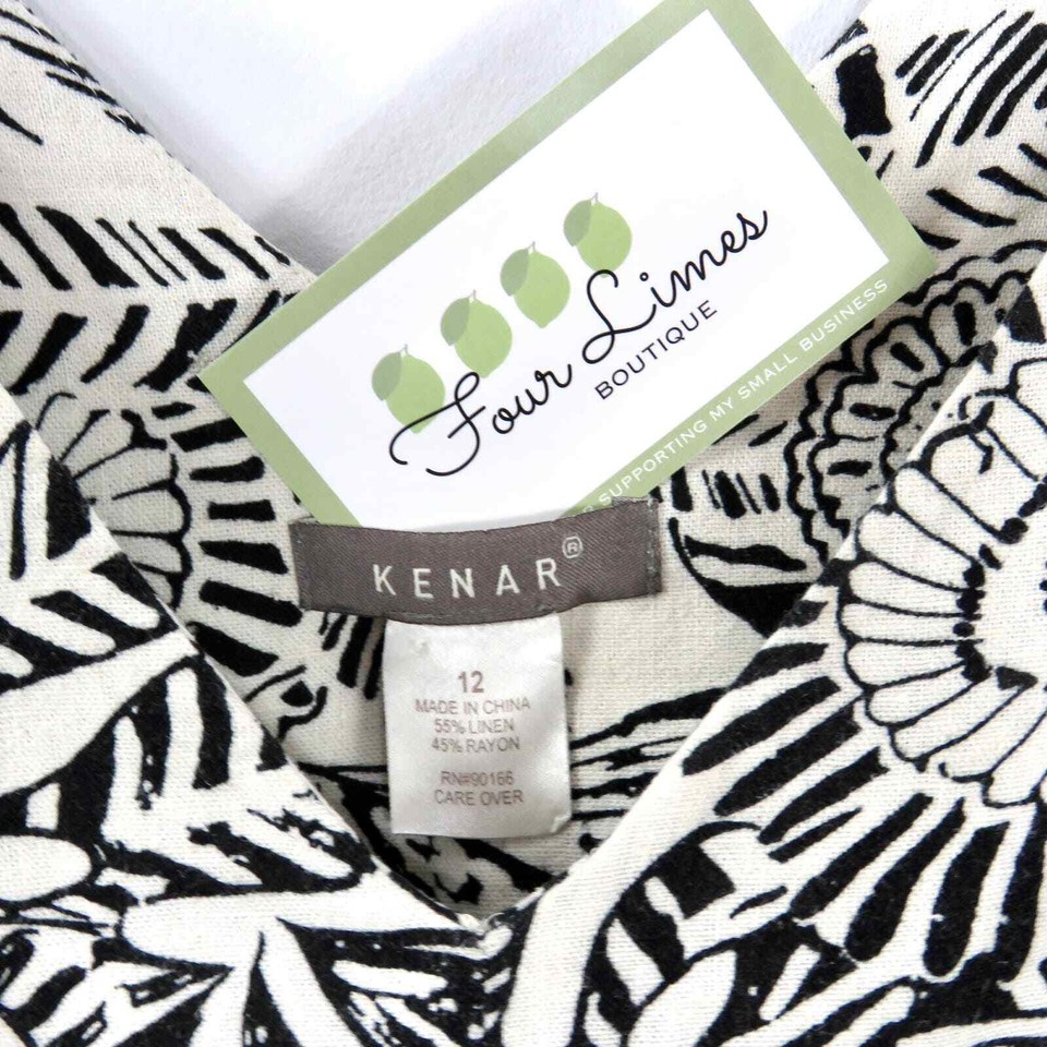 Kenar 1990s Vintage Black & White Leaf Print Linen Sleeveless Blouse XL ...