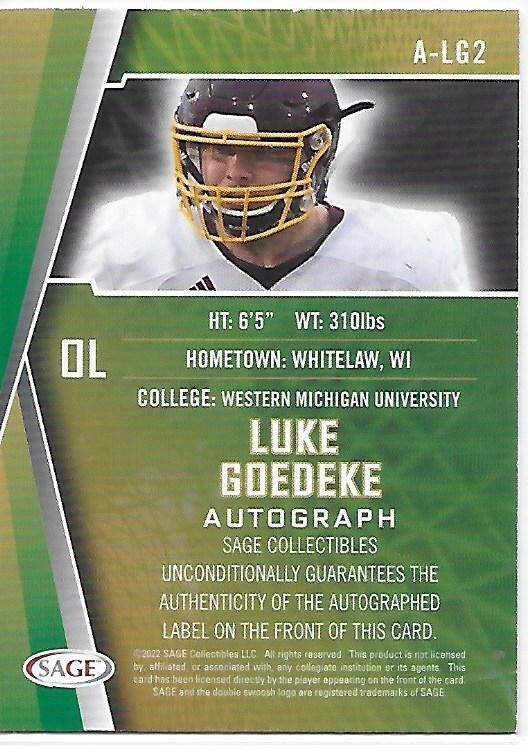 2022 Sage Football Auto Red Luke Goedeke Western Michigan | eBay