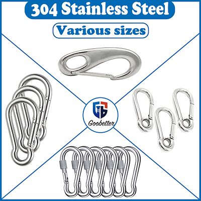 304 Stainless Steel Carabiner Spring Hook Snap Clips Eyelets Gym Rock ...