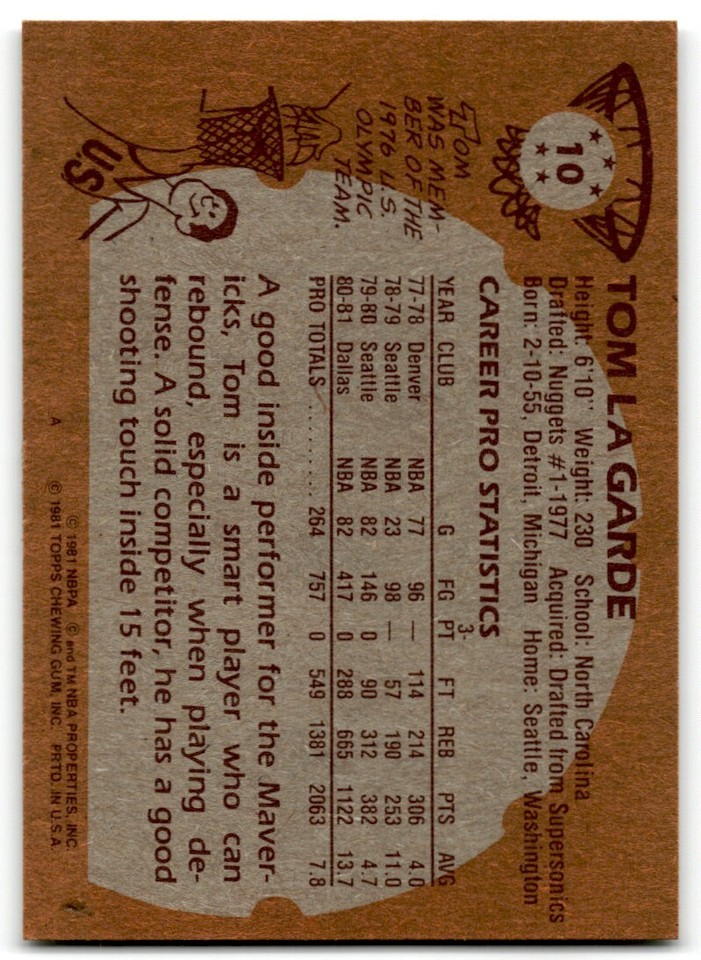 1981-82 Topps Tom Lagarde Dallas Mavericks #10 | eBay