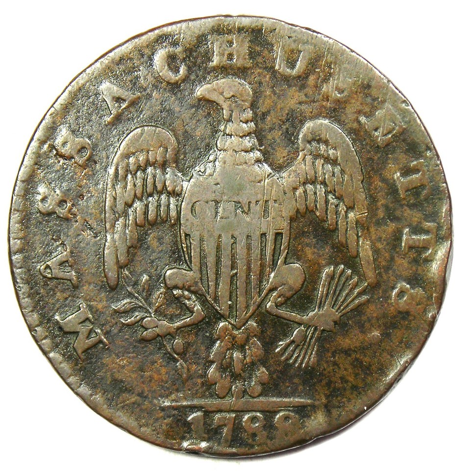 1788 Massachusetts Cent Colonial Copper Coin 1C - Rare Early Colonial ...