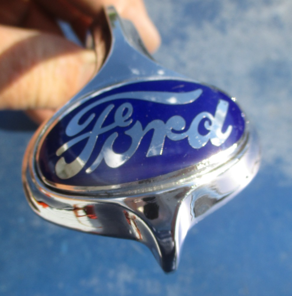 1934 Ford Radiator Shell Hood Ornament CHROME w/ Blue Ford Logo Emblem ...